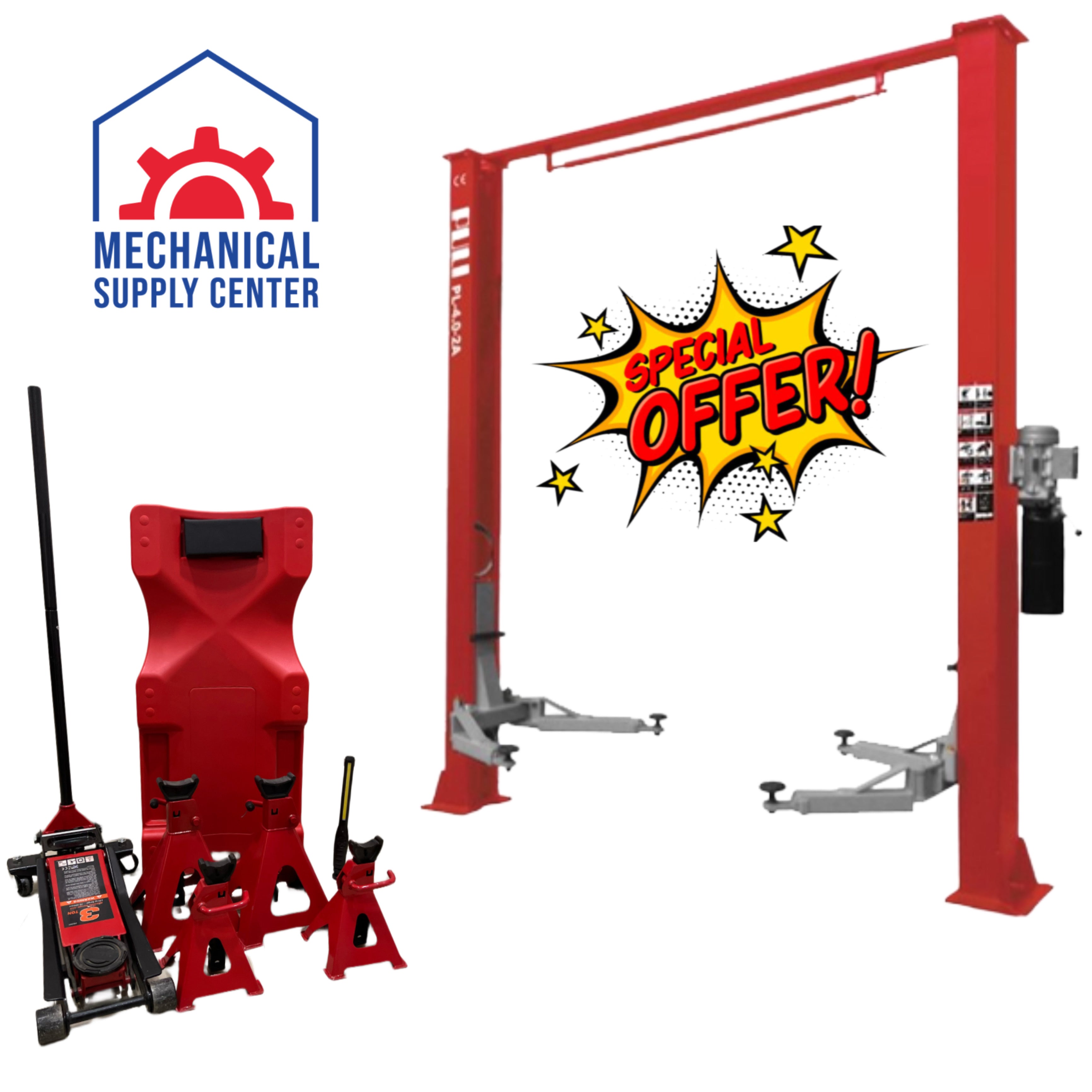SPECIAL GARAGE BUNDLE: 2-Post lift 4 Ton, Floor Jack Double Pump, 2 Se ...